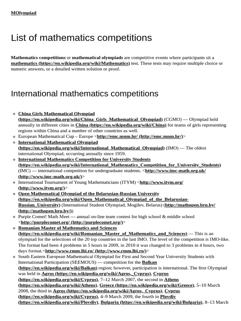 List of Mathematics Competitions - MOlympiad | Download Free PDF ...