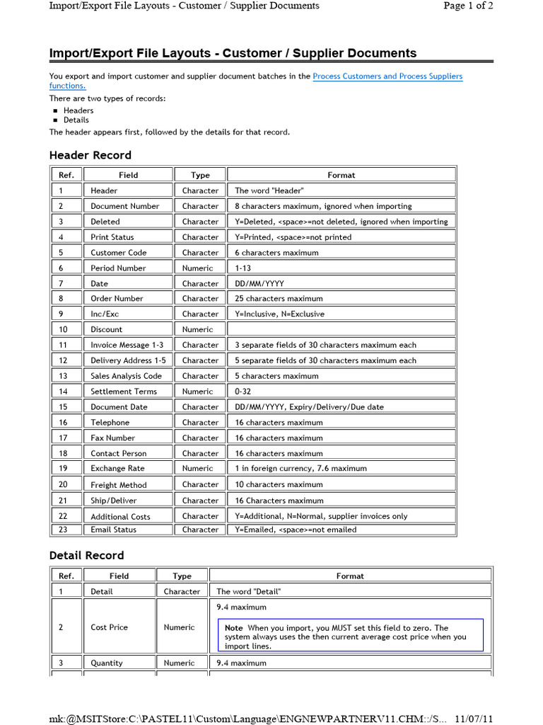 Import Export File Layouts - Customer Supplier Documents | PDF ...