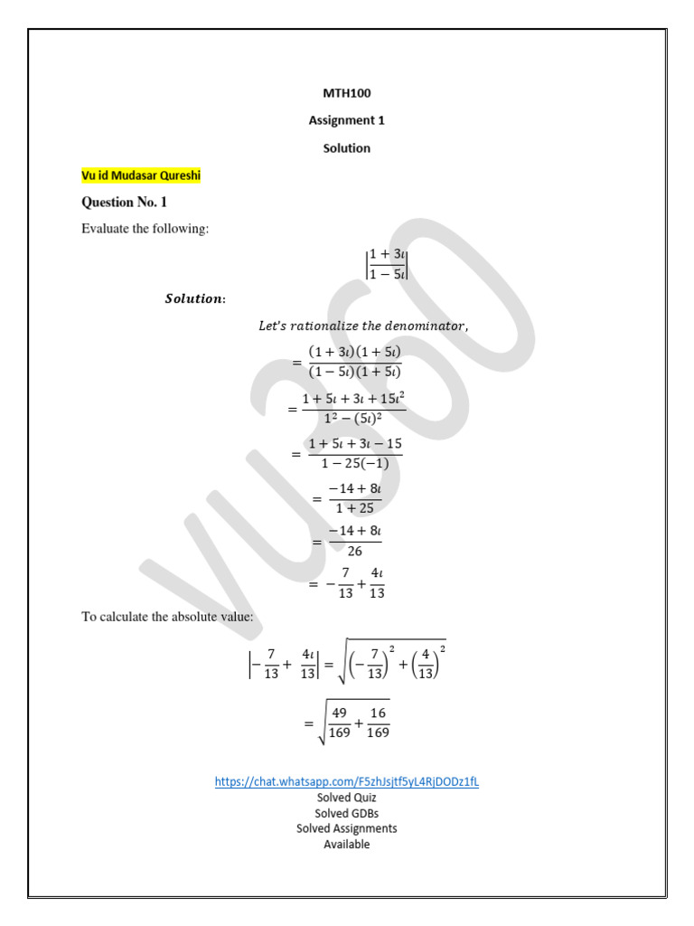 Mth100 Assignment 1 Solution By Mudasar Qureshi Vu360 Pdf