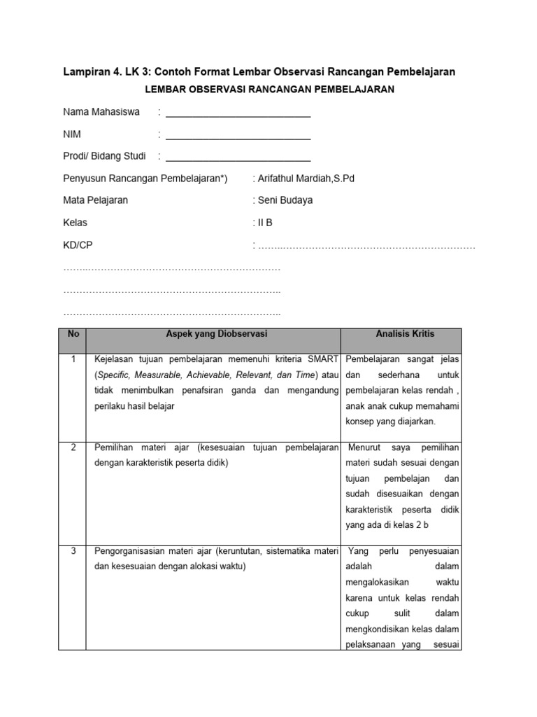 Lampiran 4. LK 3 Contoh Format Lembar Observasi Rancangan Pembelajaran ...
