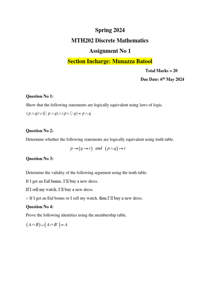 Assignment No 1 MTH202 Spring 2024 | PDF