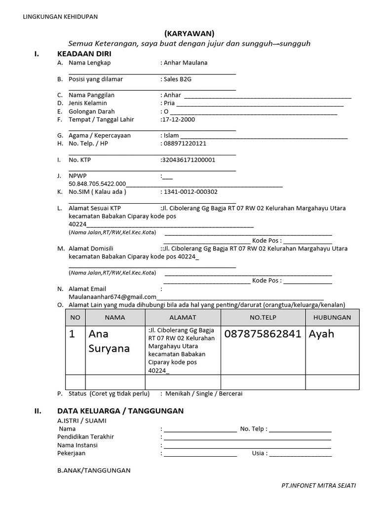 Form Aplikasi Calon Karyawan PT. Infonet Mitra Sejati | PDF