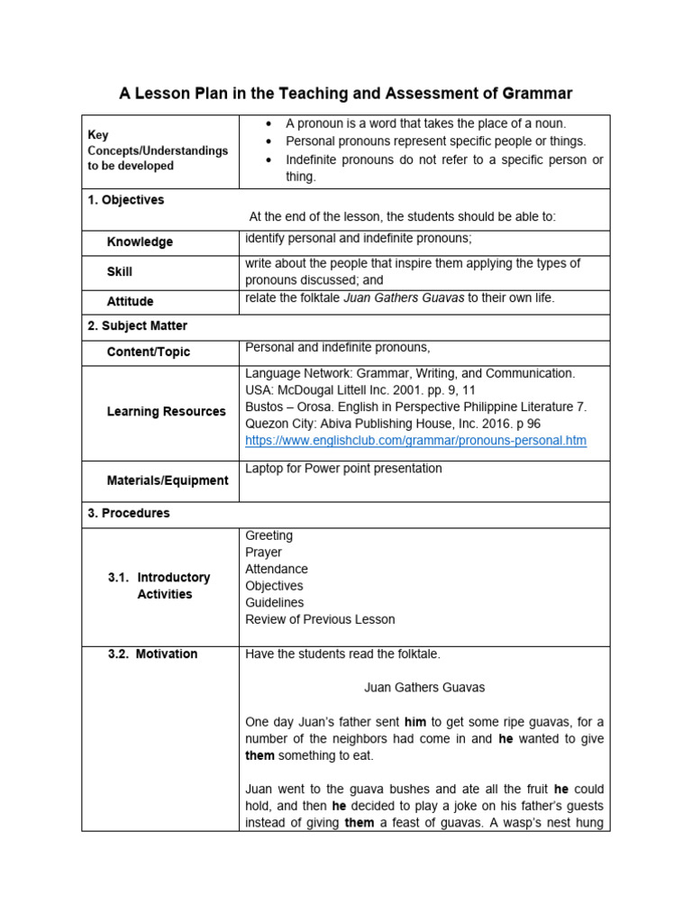 Lesson-Plan No. 5 | PDF | Lesson Plan | Pronoun
