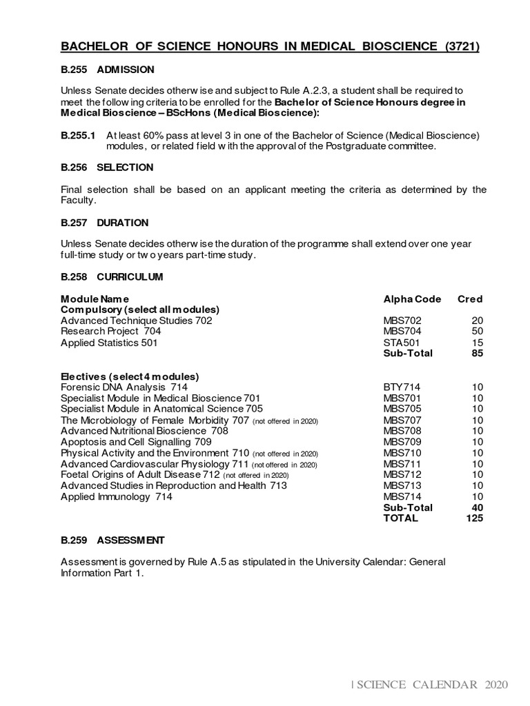BSC Hons Medical Bioscience 3721 | PDF | Bachelor Of Science | Bachelor ...