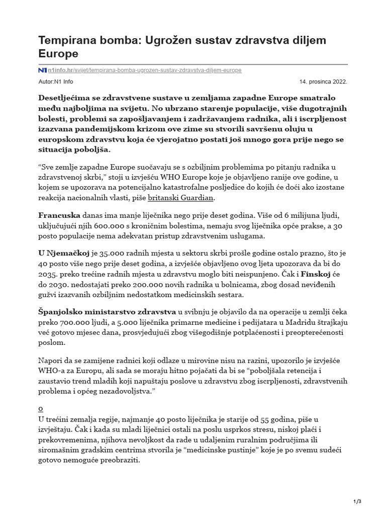 N1info - Hr-Tempirana Bomba Ugrožen Sustav Zdravstva Diljem Europe | PDF