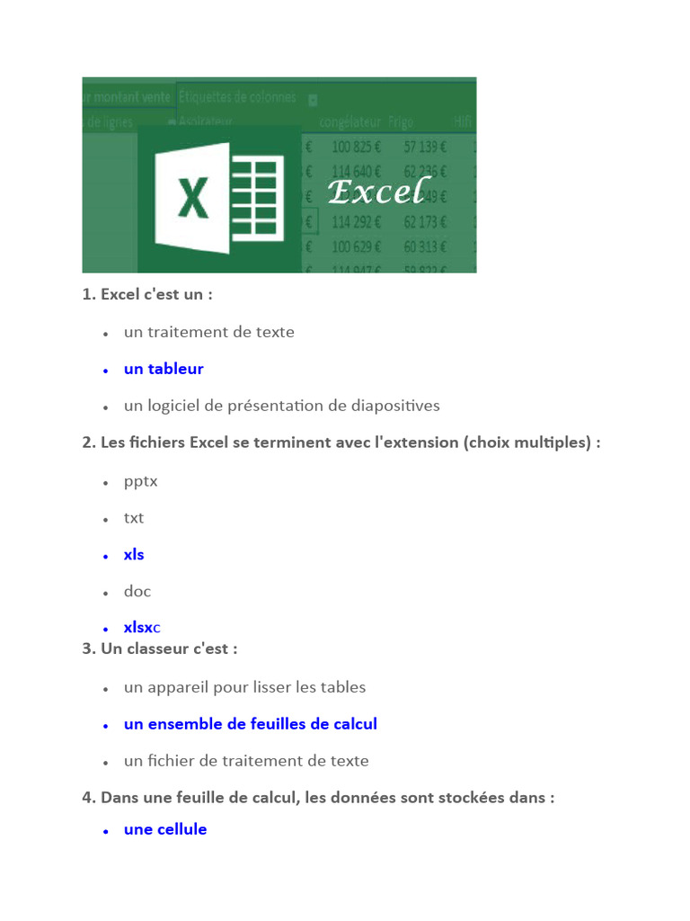 QCM Excel Niveau 1: Test et Corrigé | PDF | Microsoft Excel | Feuille ...