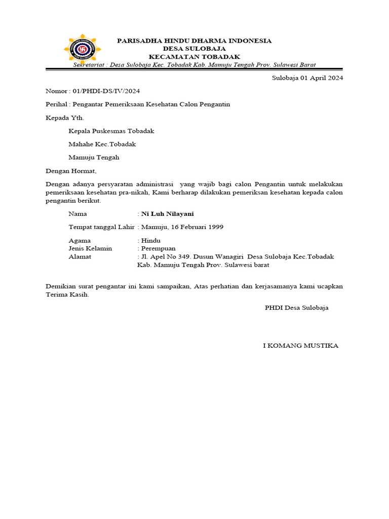 Surat Pengantar Pemeriksaan Kesehatan Catin | PDF