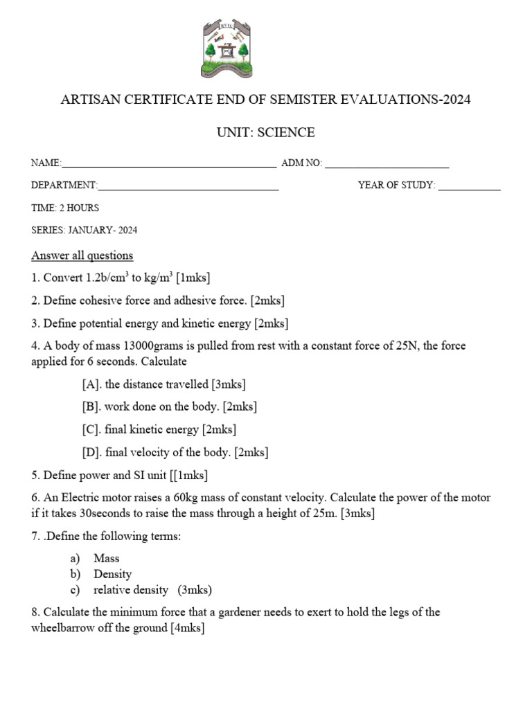 Science For Artisan-Schoolbased Exam-January-2024 | PDF