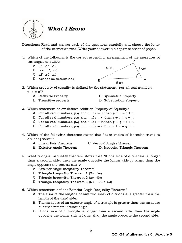 Math8 Q4 Mod3 PROVING-TRIANGLE-INEQUALITIES-PRETEST | PDF | Triangle ...