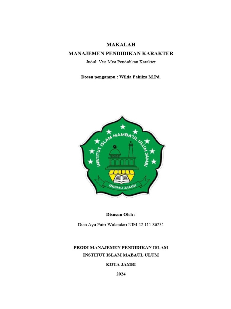 Makalah Visi Misi Pendidikan Karakter | PDF