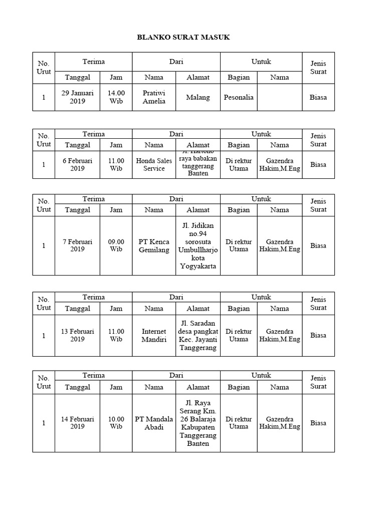 Blanko Surat Masuk | PDF