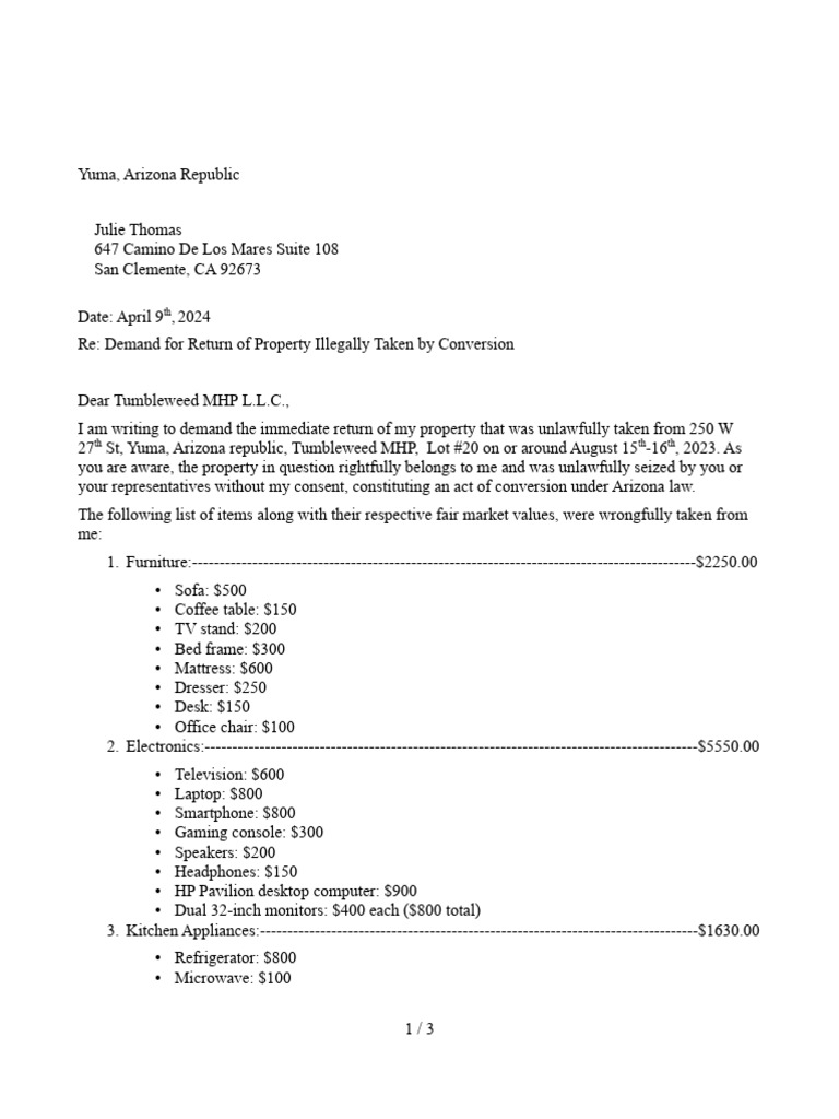 CONVERSION PROPERTY Demand Letter TEMPLATE | PDF | Home Appliance ...