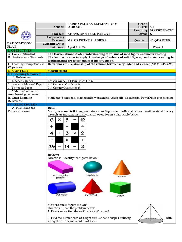 Volume of Cylinders and Cones Lesson Plan | PDF | Volume | Area
