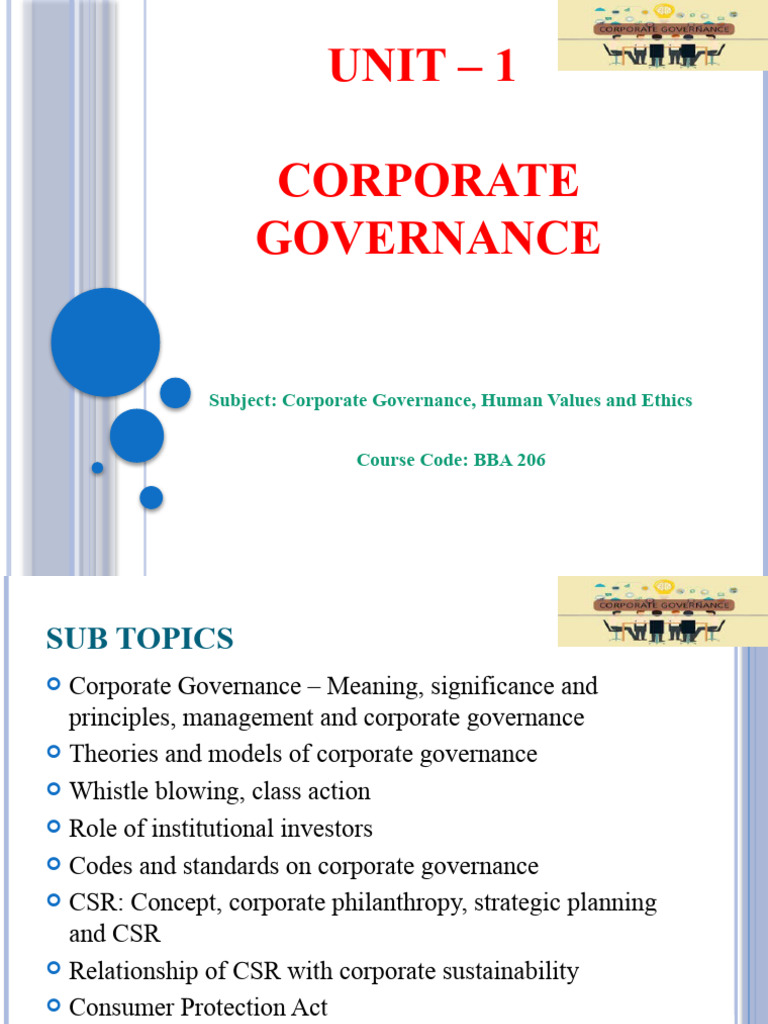 Unit - 1 Corporate Governance: Subject: Corporate Governance, Human Values and Ethics Course ...