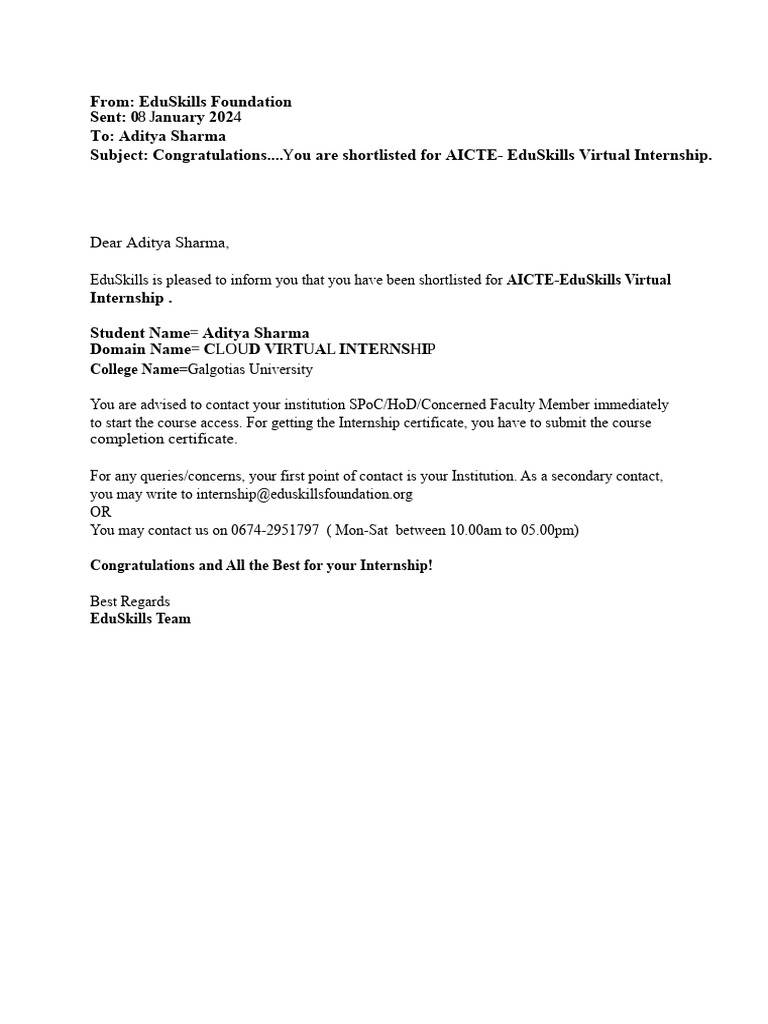 Shortlisted for AICTE-EduSkills Internship | PDF