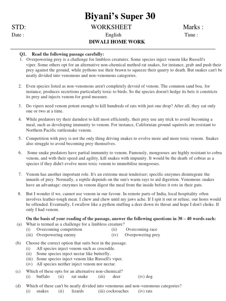 Eng (Diwali Homework) WS - 8-1123 (MBR) | PDF | Snake | Venom