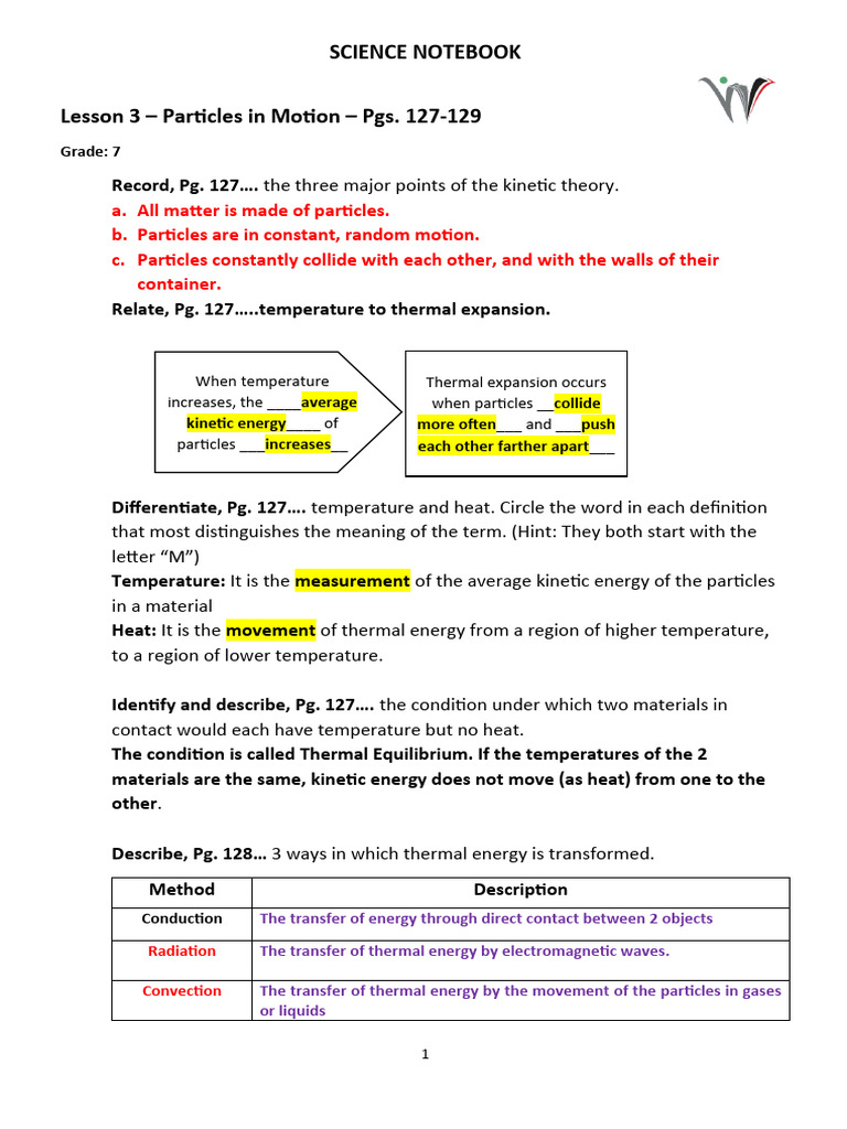 SCIENCE NOTEBOOK- LESSON 3 - Science Grade 7 - Particles in Motion ...