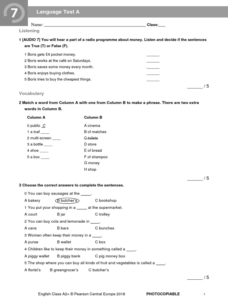 A2+ English Class Unit 7 Test | PDF | English Language | Linguistics