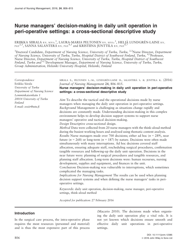 Siirala 2016 Nurse Managers Decision Making in D | PDF | Nursing | Surgery