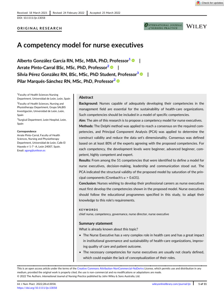Gonzalez Garcia 2022 A Competency Model For Nurse Execut | PDF | Factor ...