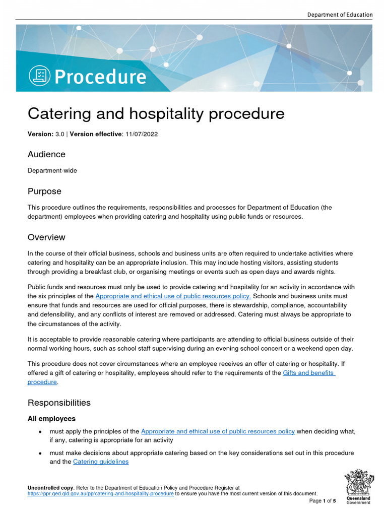 Catering and Hospitality Procedure | PDF | Employment | Policy