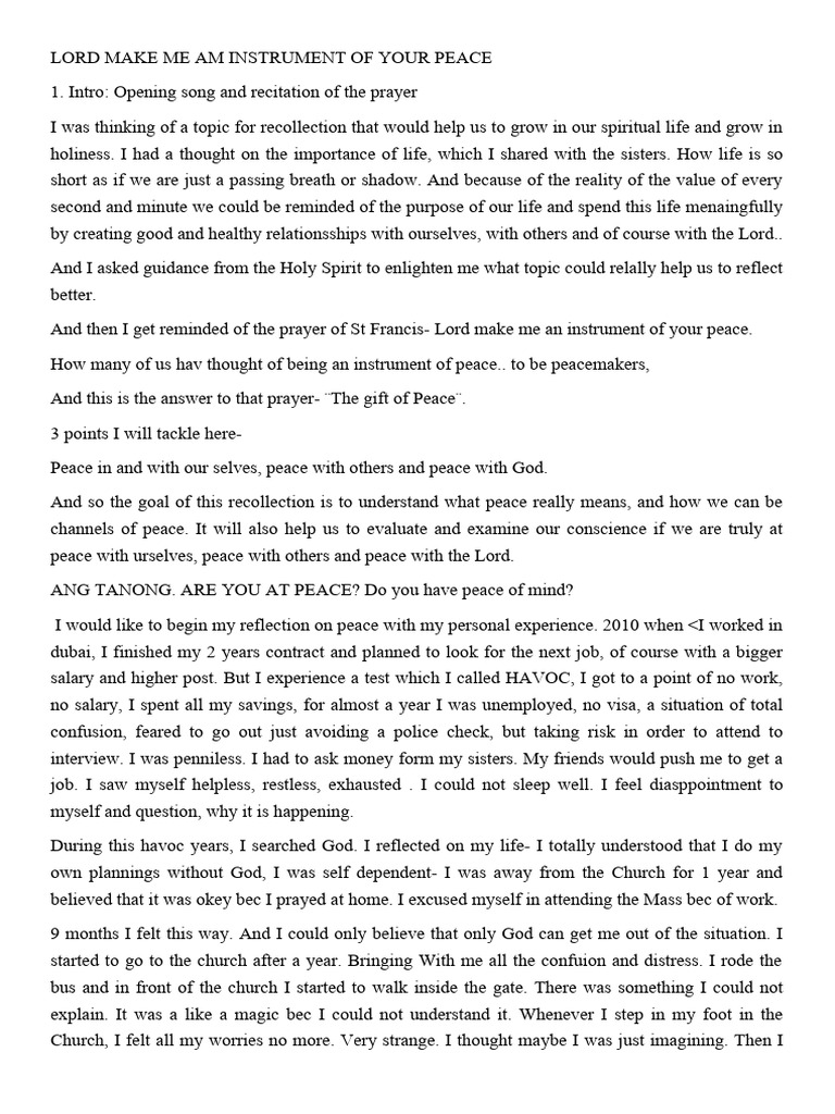 Instrument of Peace Reflection | PDF | Prayer | Peace