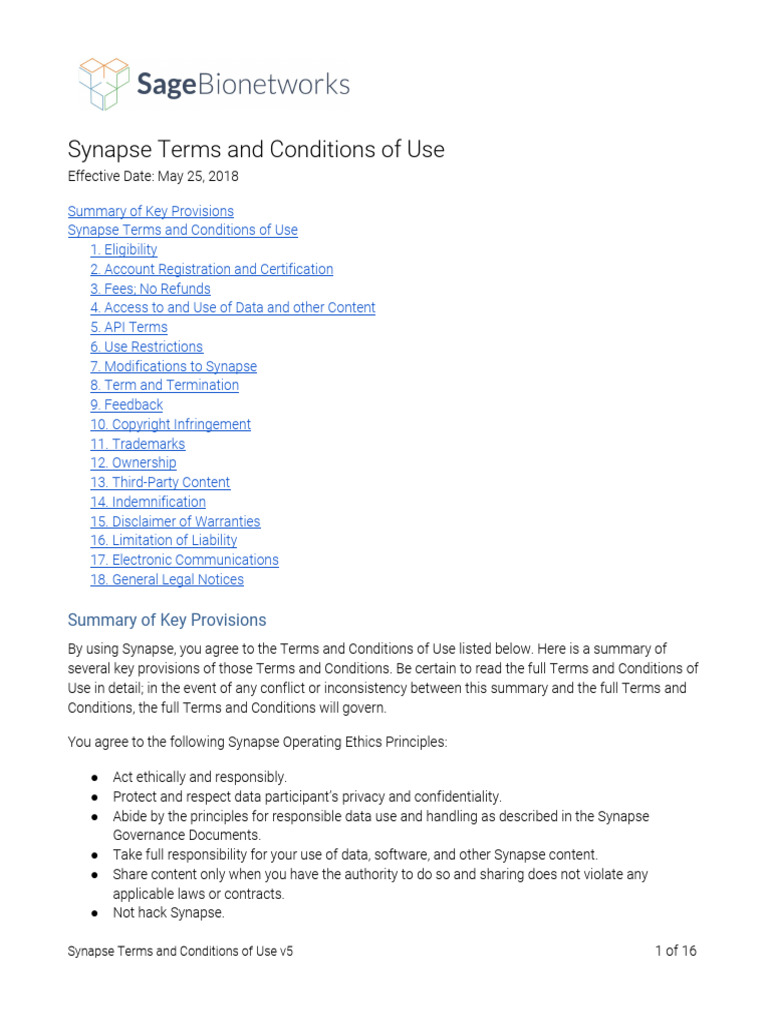 Sage Bionetworks Synapse Termsand Conditionsof Use | PDF | Arbitration | Privacy