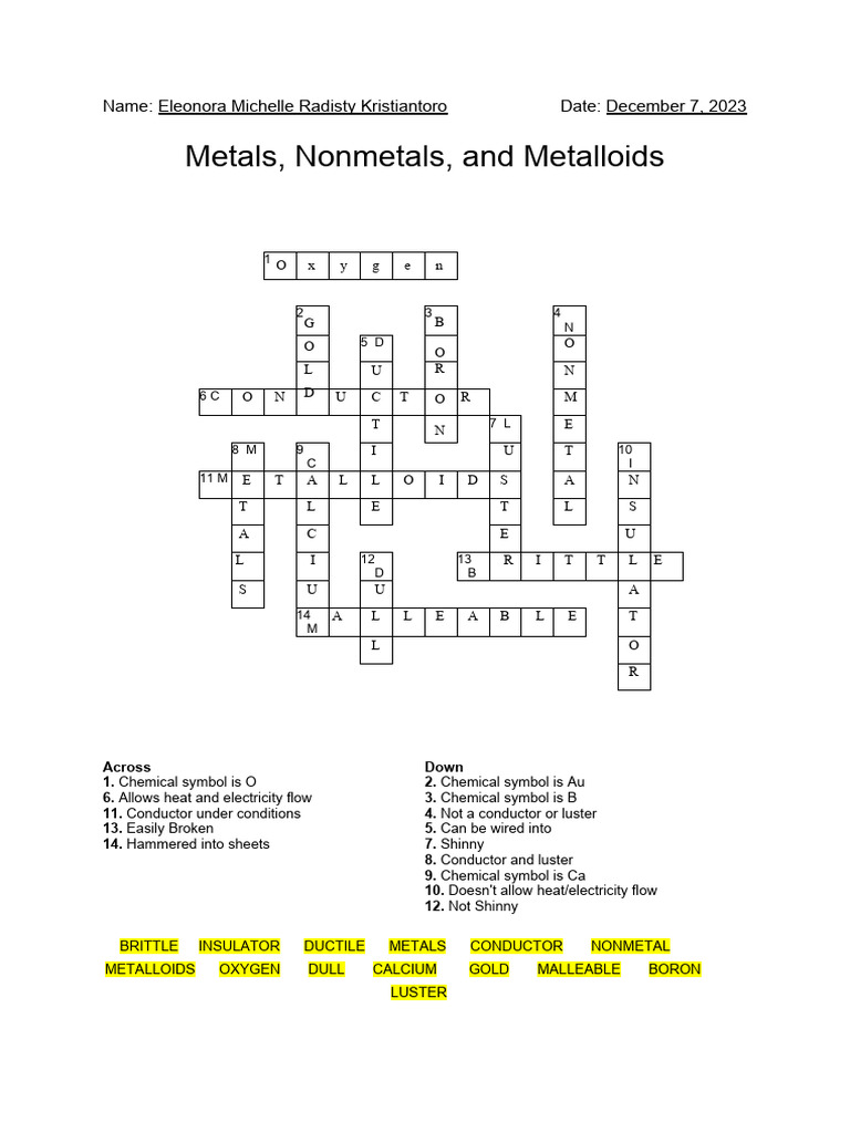 Metals, Nonmetals and Metalloids Crossword an | Download Free PDF ...