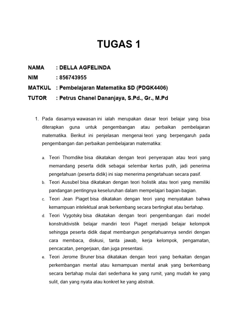 Tugas 1 MTK Della Agfelinda 856743955 | PDF | Sains & Matematika