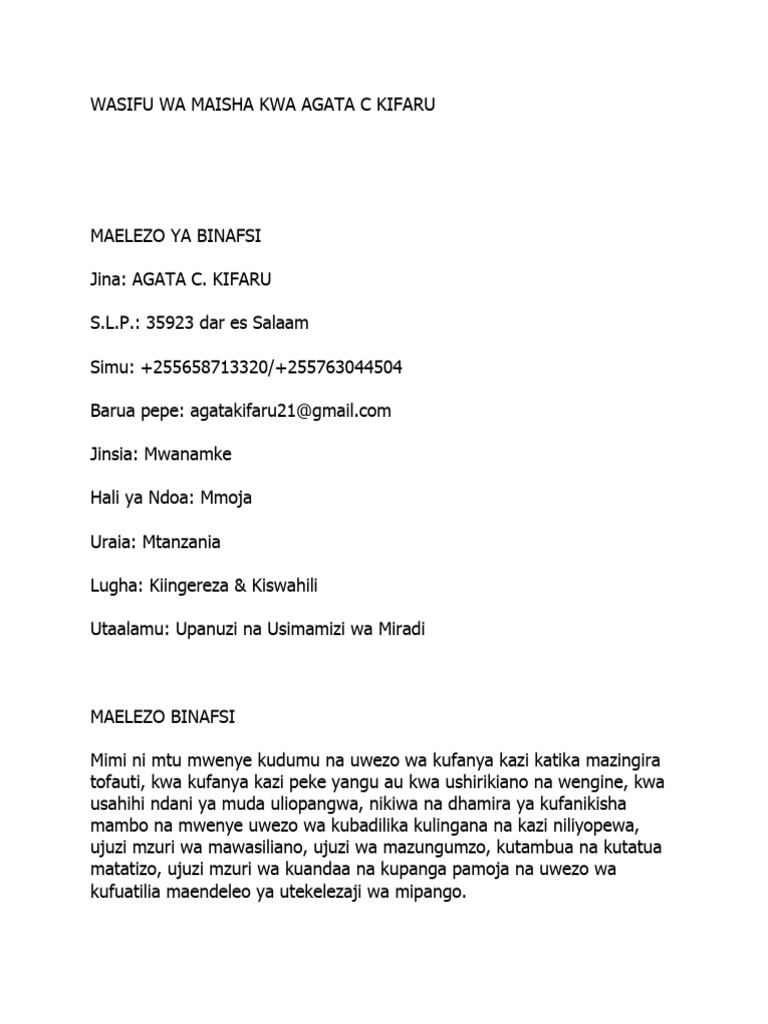 Wasifu Wa Maisha Kwa Agata C Kifaru | PDF