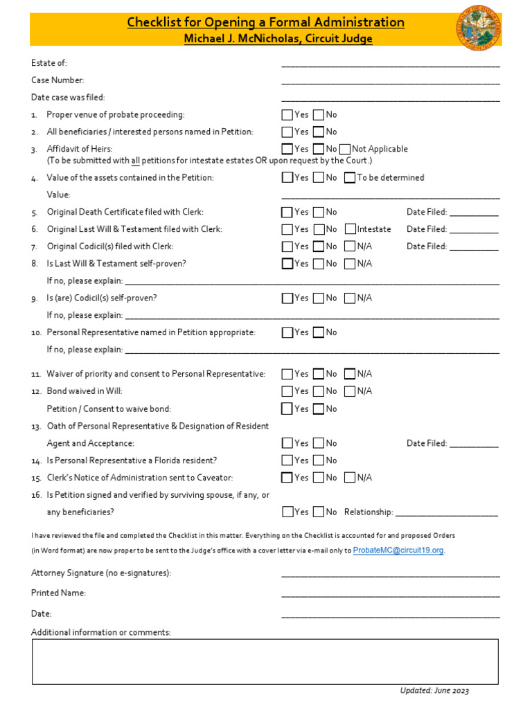Opening a Formal Administration Checklist - MJM (Revised June 2023 ...