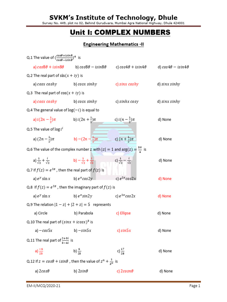 Unit I Complex Numbers Mcq Pdf Mathematical Objects Euclidean Geometry 