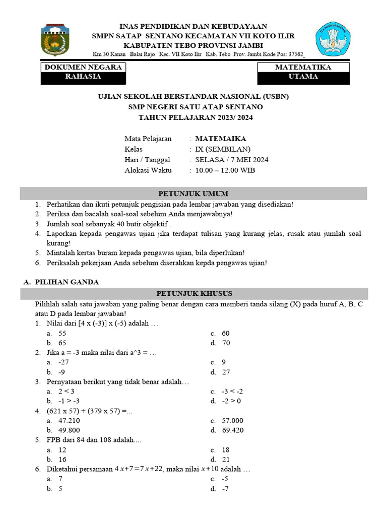 Soal Usbn Kelas 9 | PDF
