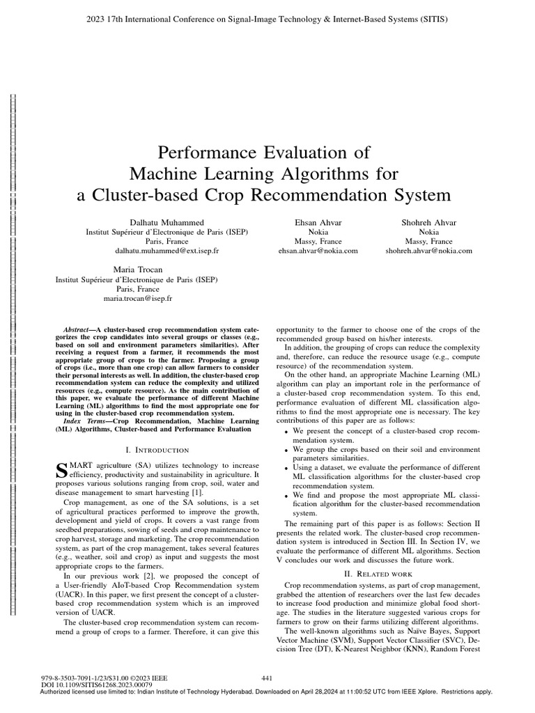 Performance Evaluation of Machine Learning Algorithms For A Cluster-Based Crop Recommendation ...