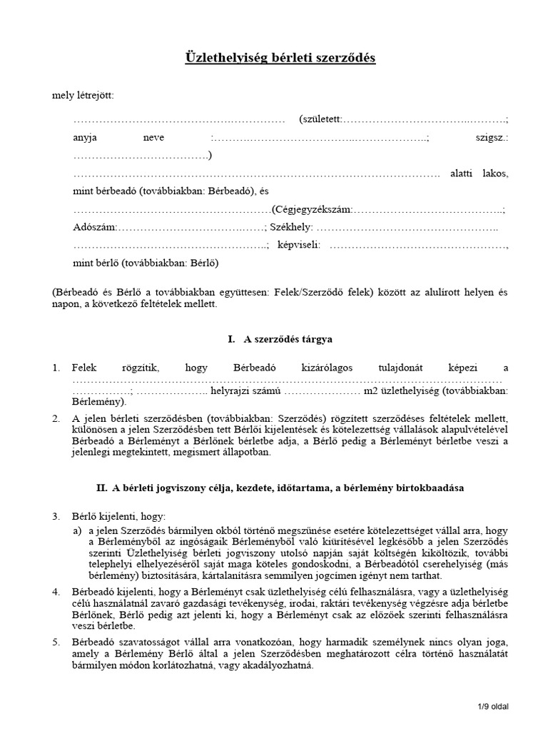 Üzlet Bérleti Szerz Minta | PDF