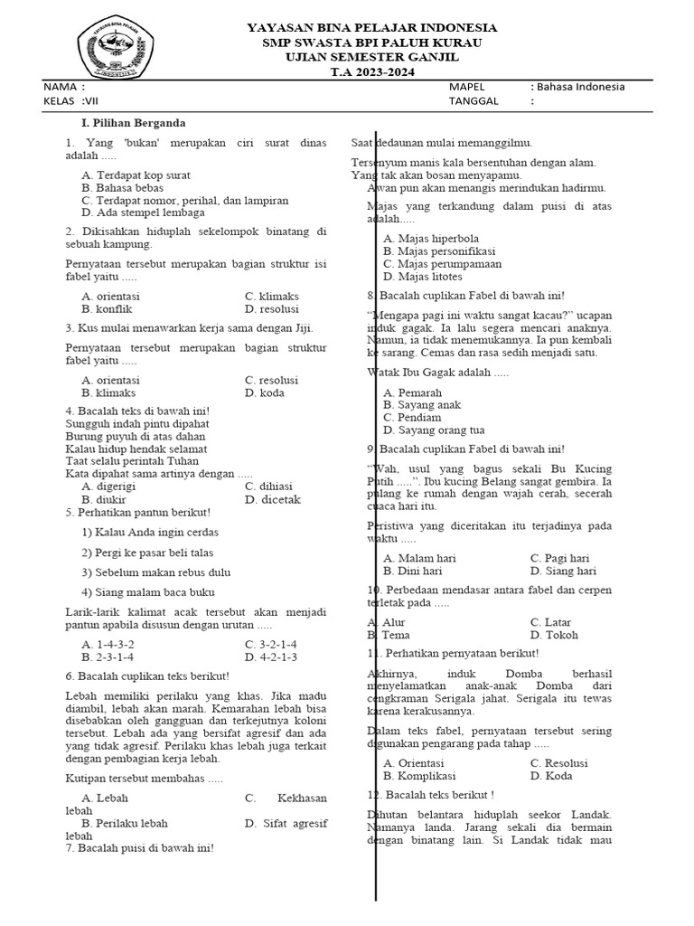 Soal B. Indonesia Kls 7 | PDF | Fiksi Umum