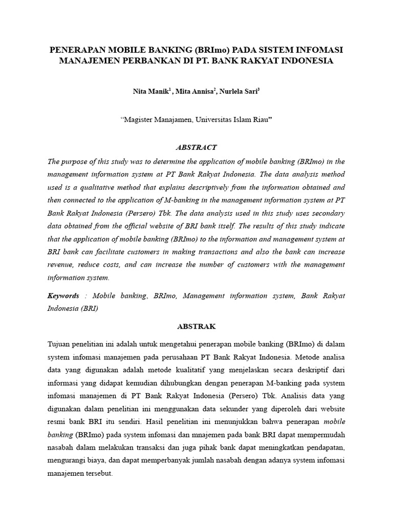 Peranan Mobile Banking (Brimo) Pada Sistem Informasi Manajemen Perbankan Di Pt. Bri) | PDF