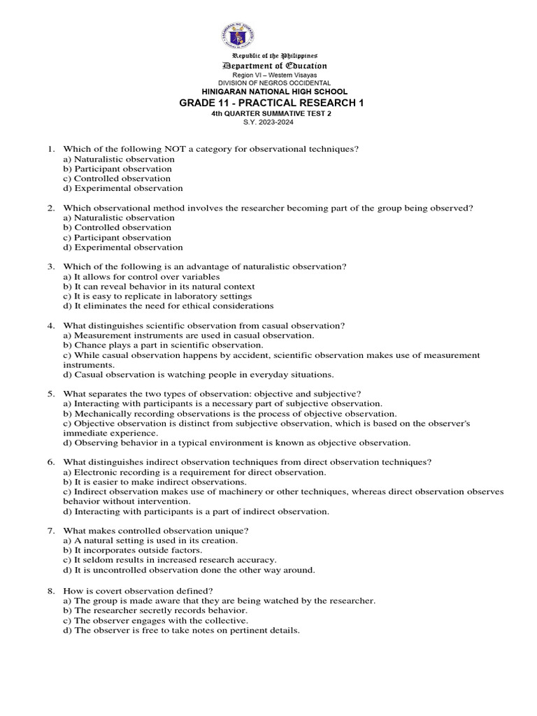 Grade 11 - Practical Research 1: Hinigaran National High School | PDF | Survey Methodology ...