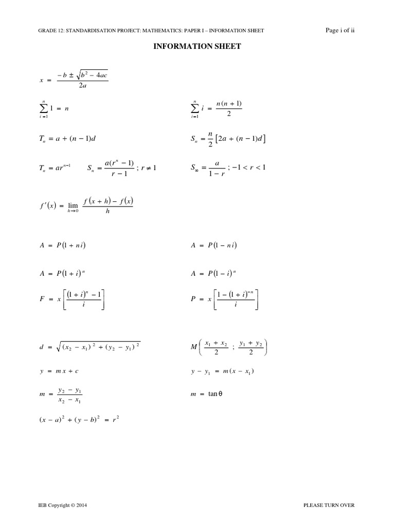 Math IEB Formula Sheet | PDF