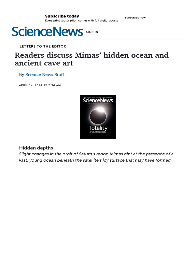 Readers Discuss Mimas' Hidden Ocean and Ancient Cave Art | PDF