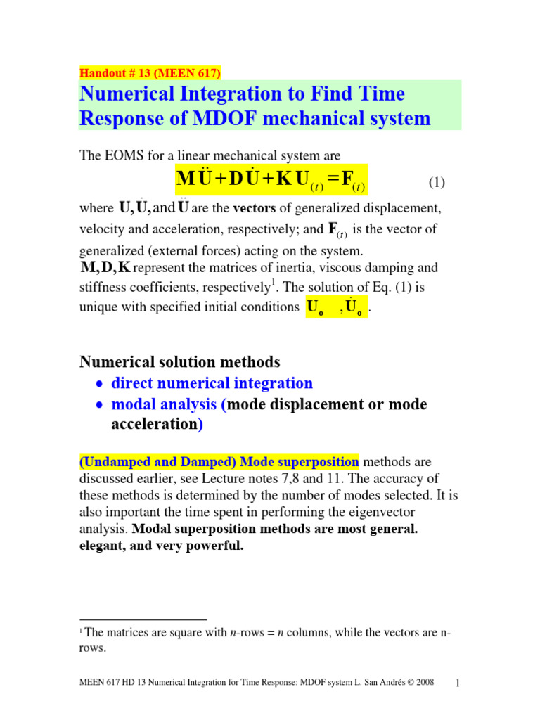 Numerical Integration for MDOF Systems | PDF | Acceleration | Numerical Analysis