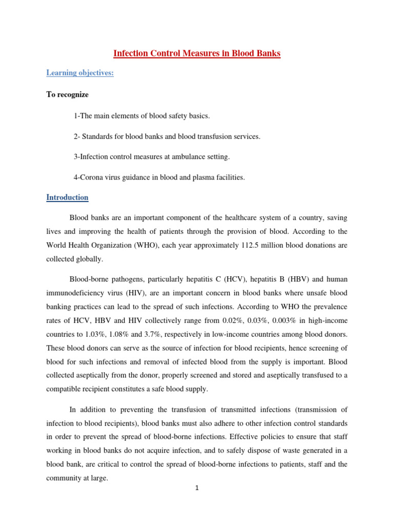 Infection Control in Blood Bank | PDF | Blood Donation | Blood Transfusion