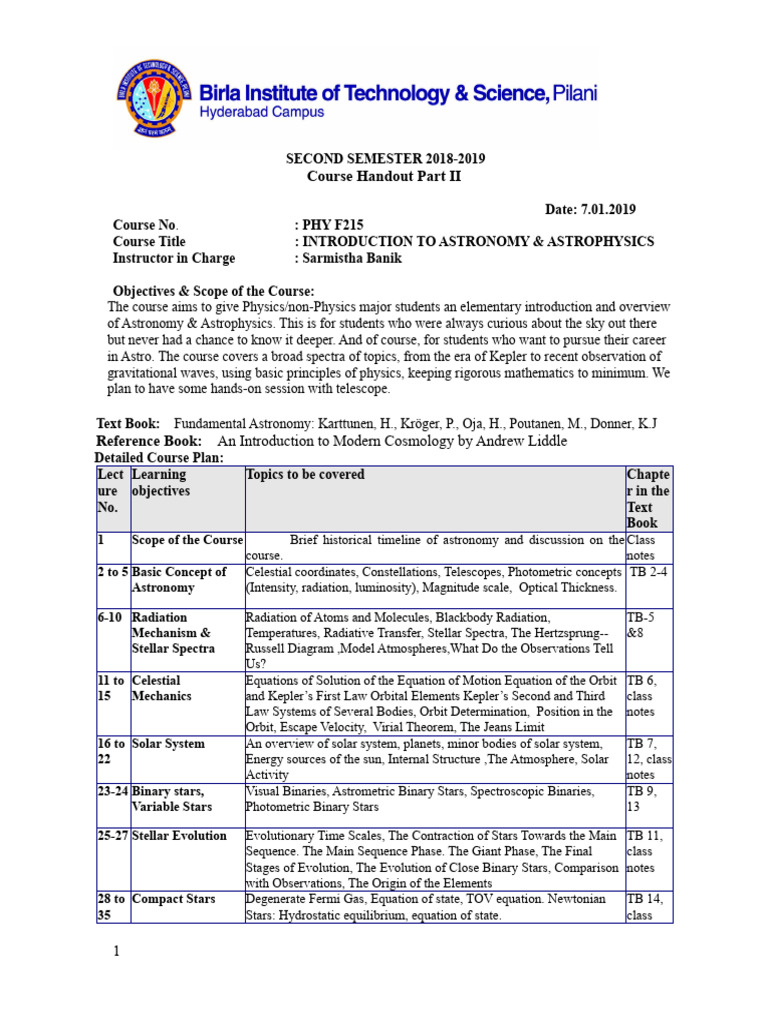 Phy F215 Intro To Astro & Astroph - Handout | PDF | Stars | Sun