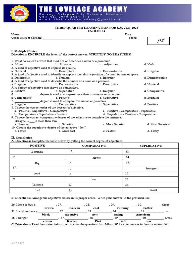 Third Quarter Examination English 4 | PDF | Adjective | Language Families