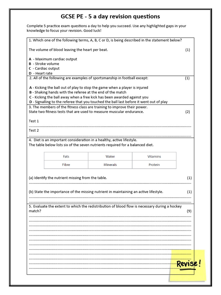 GCSE PE 9 1 5 A Day Exam Questions 17 Edexcel | PDF | Hemodynamics ...