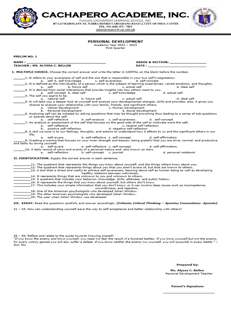 Personal Development Assessment 2022-2023 | PDF | Beowulf | Self Concept