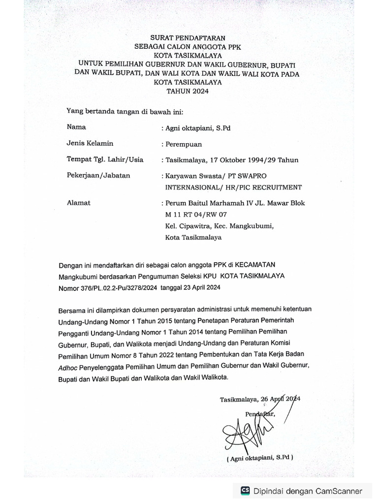 Surat Pendaftaran PPK PILKADA 2024 | PDF