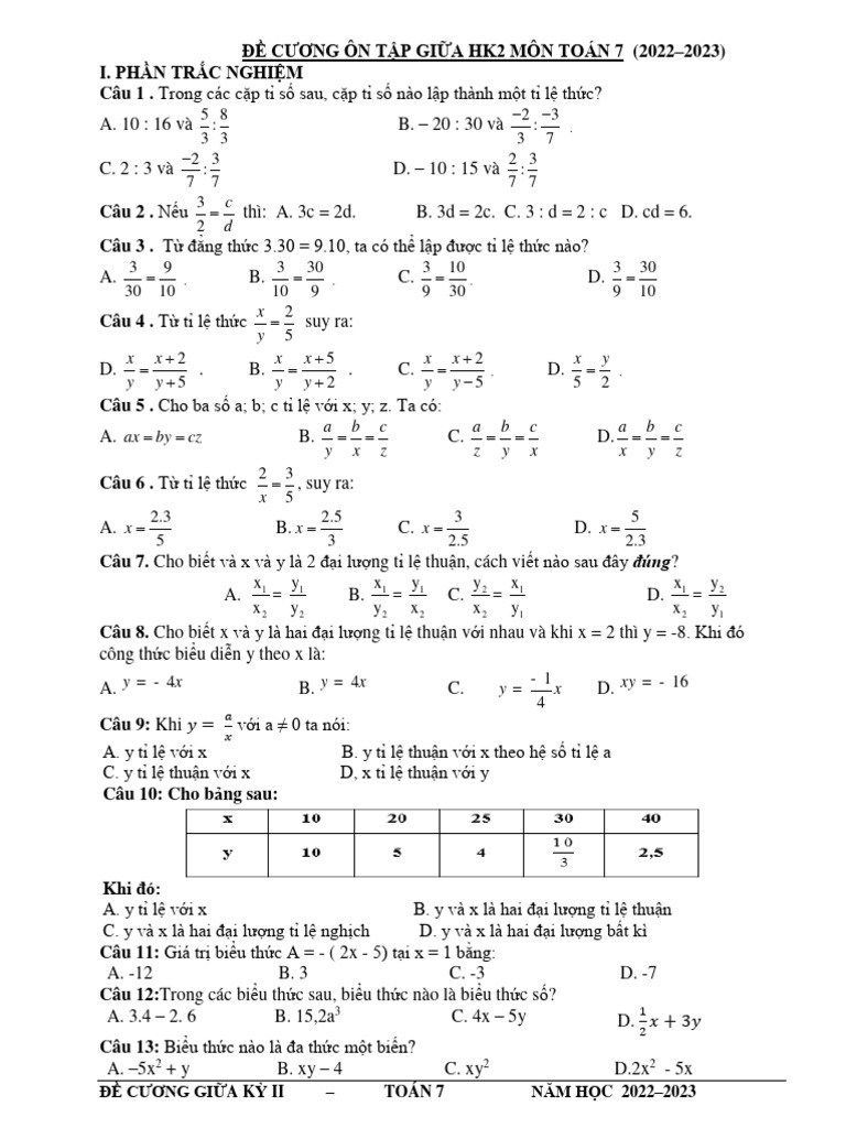 ĐỀ CƯƠNG GK2 TOÁN 7 (CHUẨN) . | PDF