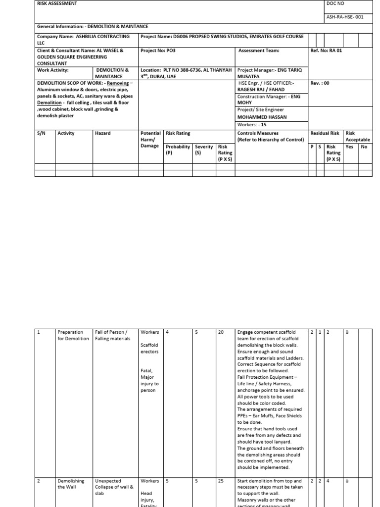 DEMOLITION WORK RISK ASSESMENT - AL WASEL | Download Free PDF ...