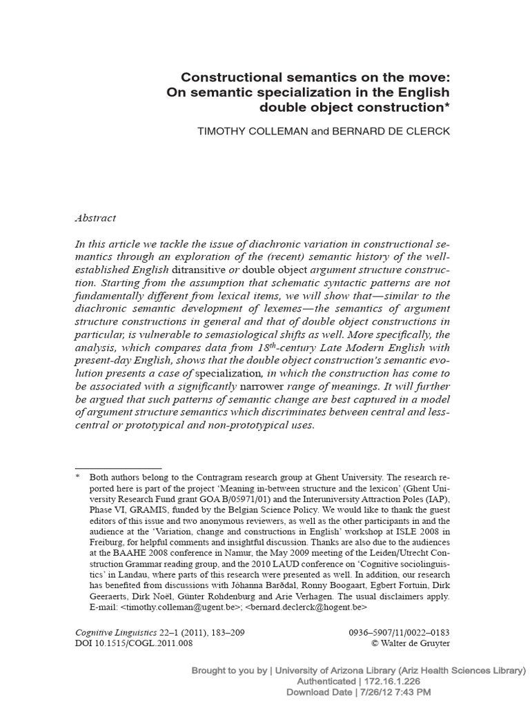 Constructional Semantics On The Move: On Semantic Specialization in The English Double Object ...